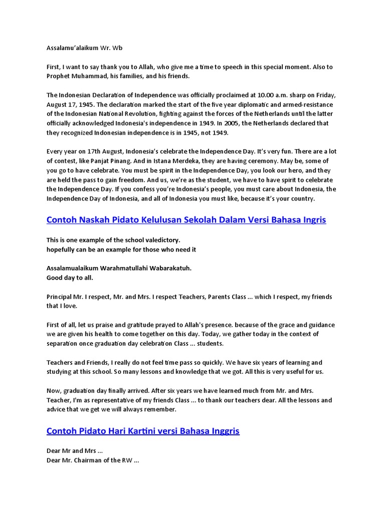 Contoh Naskah Pidato Kelulusan Sekolah Dalam Versi Bahasa Ingris | PDF | Internet | Indonesian ...