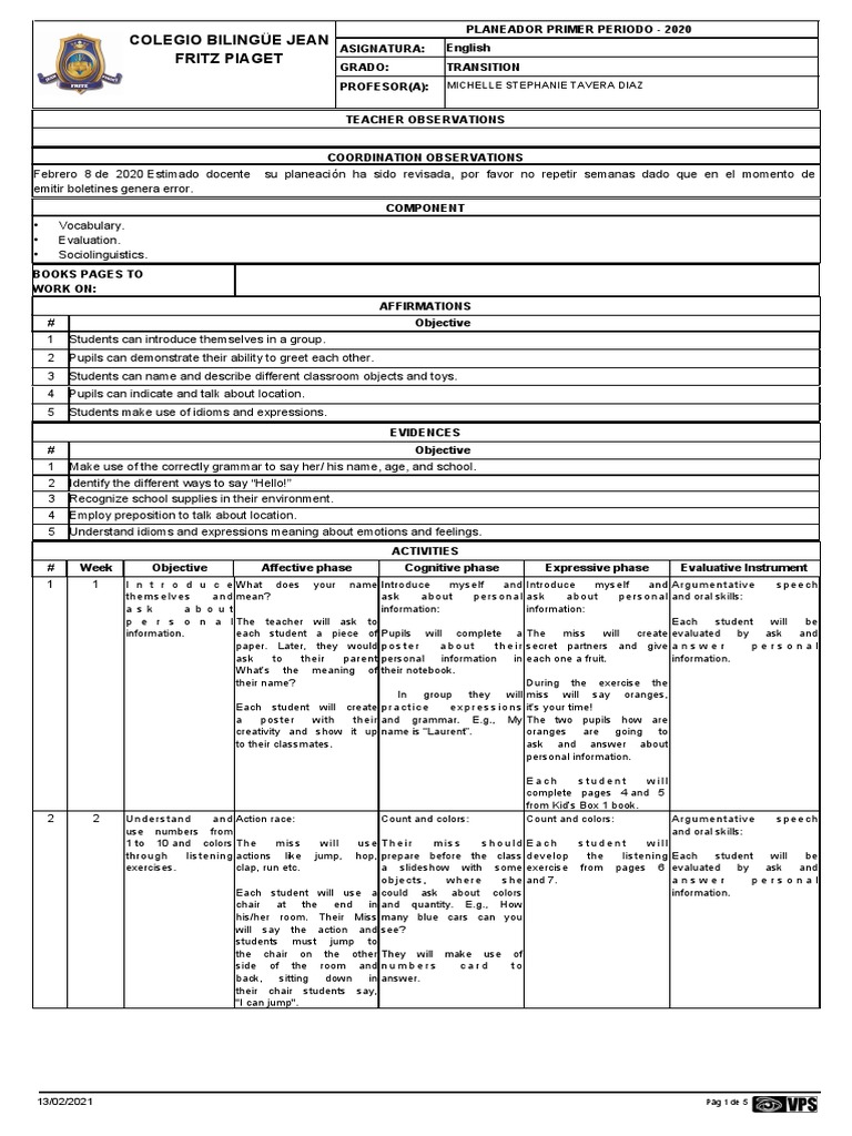 Planeación Ingles Transición | PDF | Phonics | Cognition