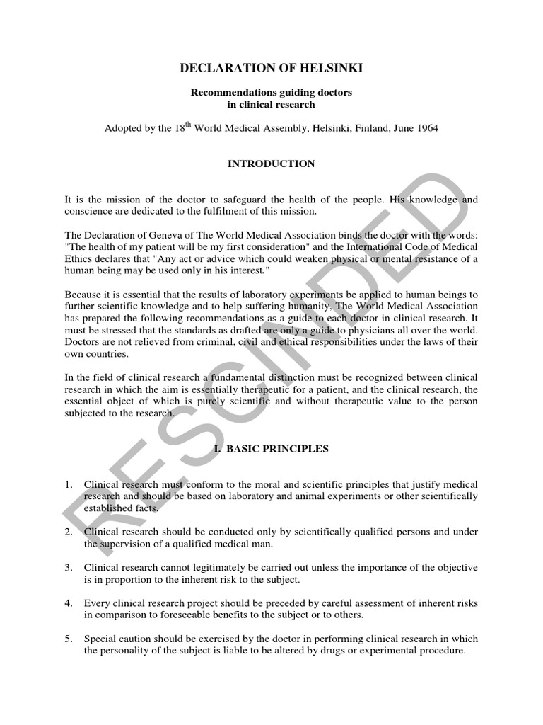 Wma Declaration of Helsinki - Jun1964 | PDF | Clinical Trial | Physician