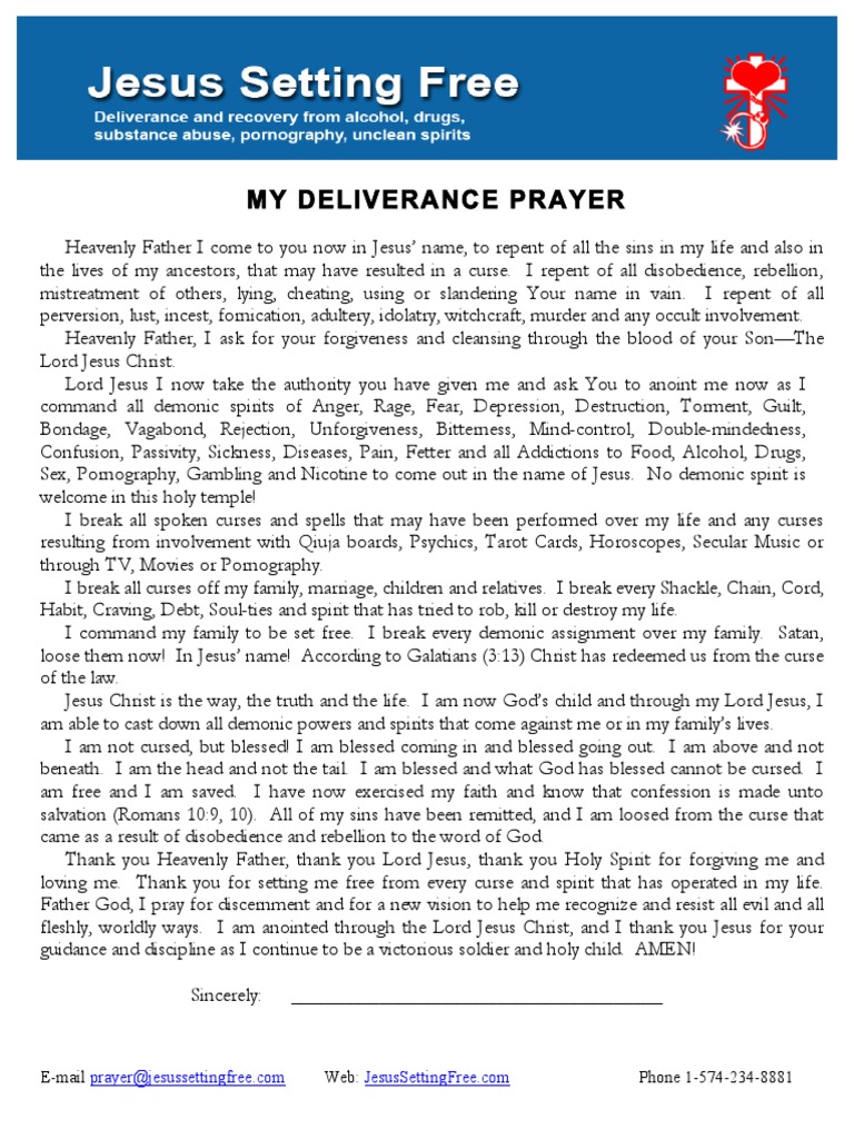 My Deliverance Prayer: E-Mail Web: Phone 1-574-234-8881 | PDF | Jesus ...