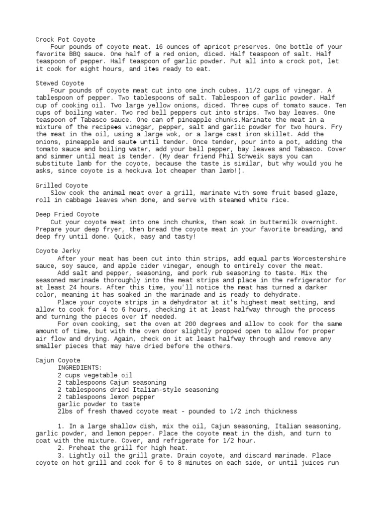 Coyote Meat Recipes | PDF | Foods | Food Ingredients