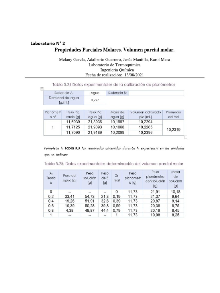 Propiedades Parciales Molares. Volumen Parcial Molar. | PDF | Química ...