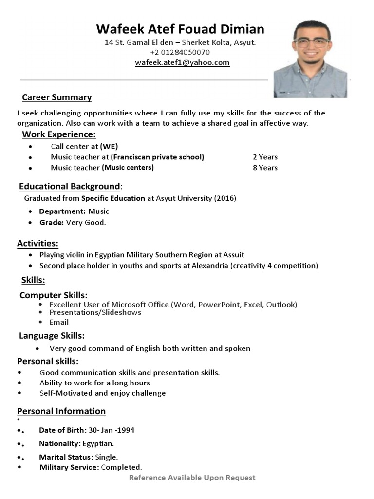 Wafeek Atef Fouad Dimian: Career Summary | PDF