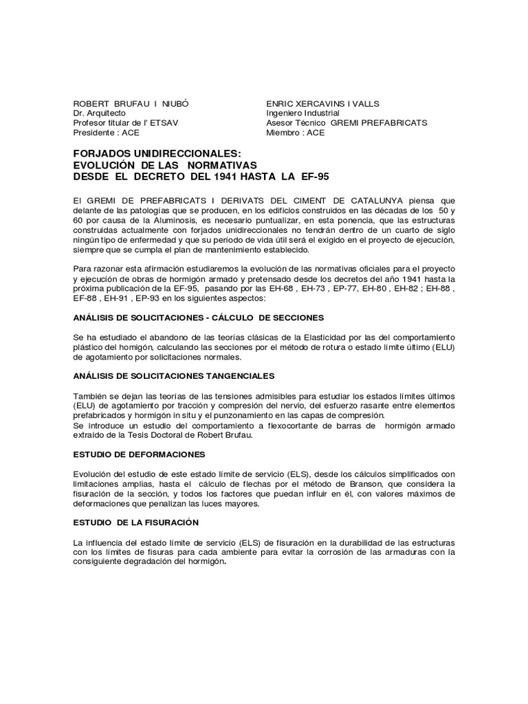 Forjats Unidireccionals - Evolucio Normatives | PDF | Hormigón | Ingeniería estructural