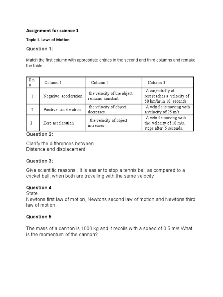 Assignment For Science 1: Topic 1. Laws of Motion | PDF