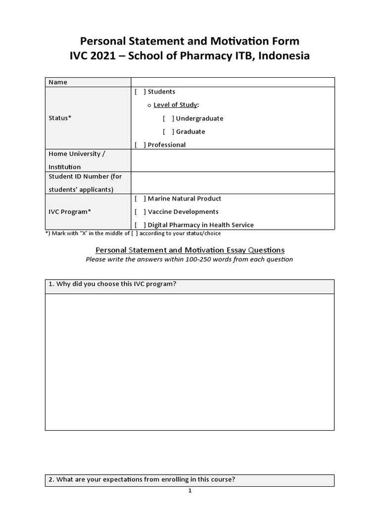 Personal Statement and Motivation Form IVC 2021 - School of Pharmacy ...