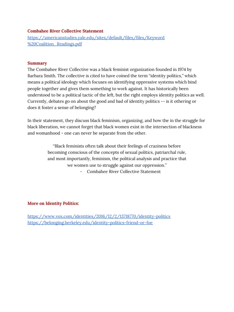 Coalition - Readings - PDF: Combahee River Collective Statement | PDF