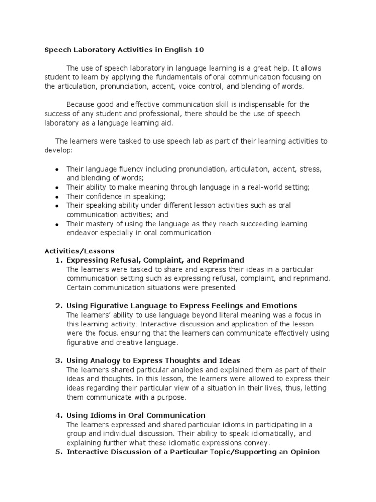 Speech Laboratory Activities in English 10 | PDF | Speech | Learning