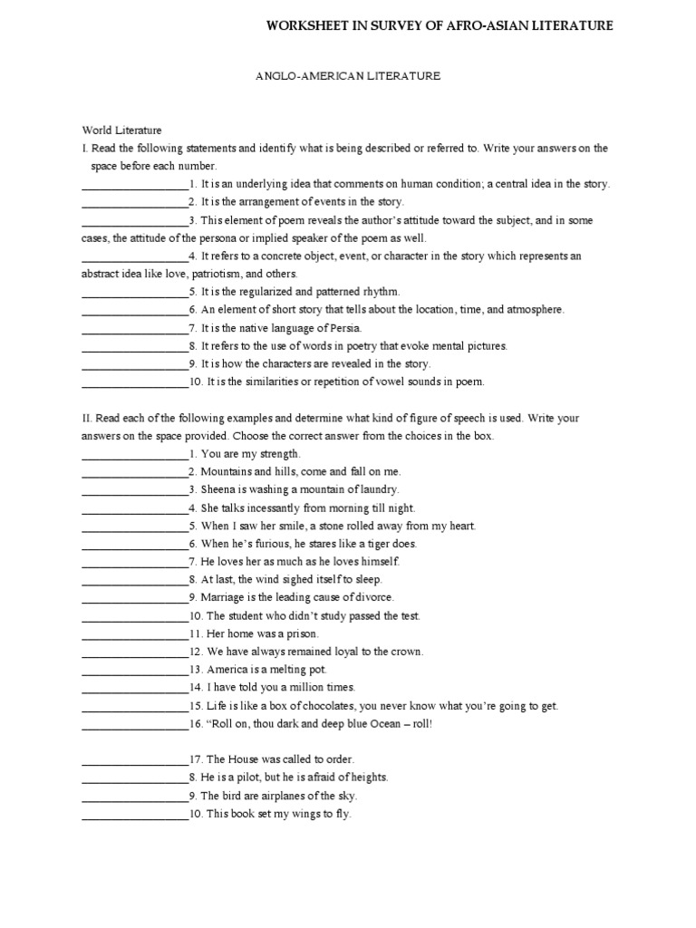 English-American Lit. Worksheet | PDF | Poetry