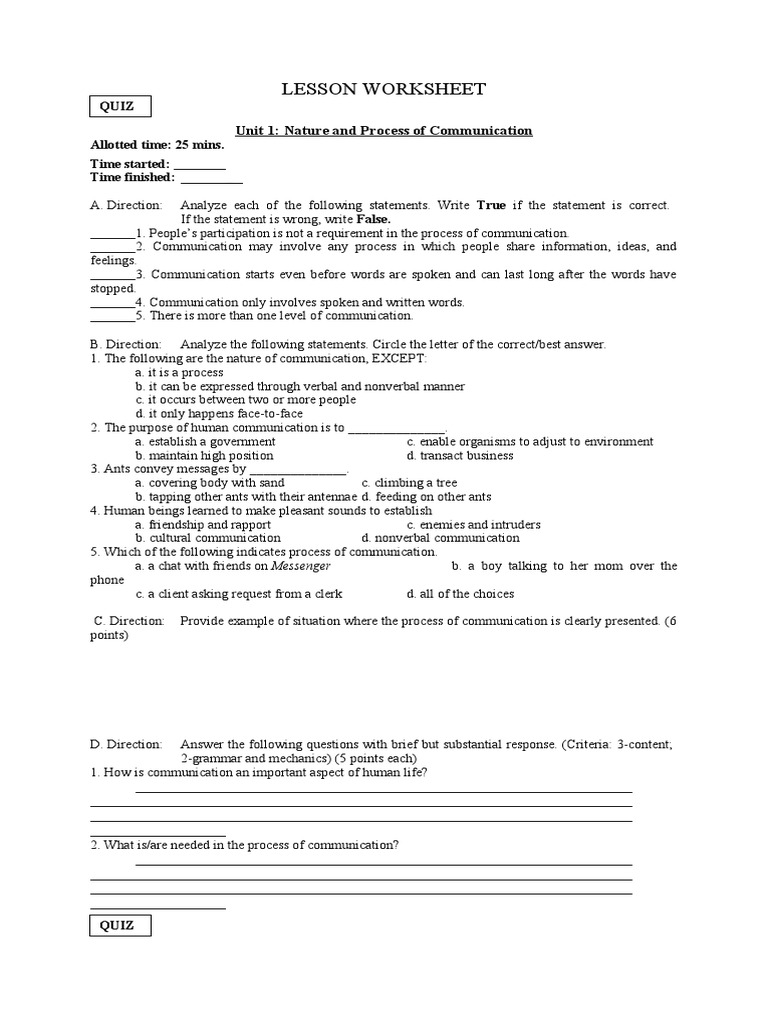 Lesson Worksheet | PDF | Communication | Nonverbal Communication
