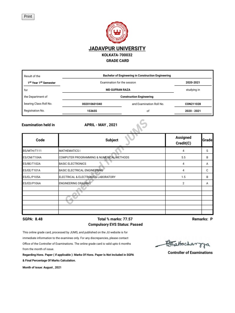 Result 1st Yr 1st Semester Pdf Engineering Science And Technology