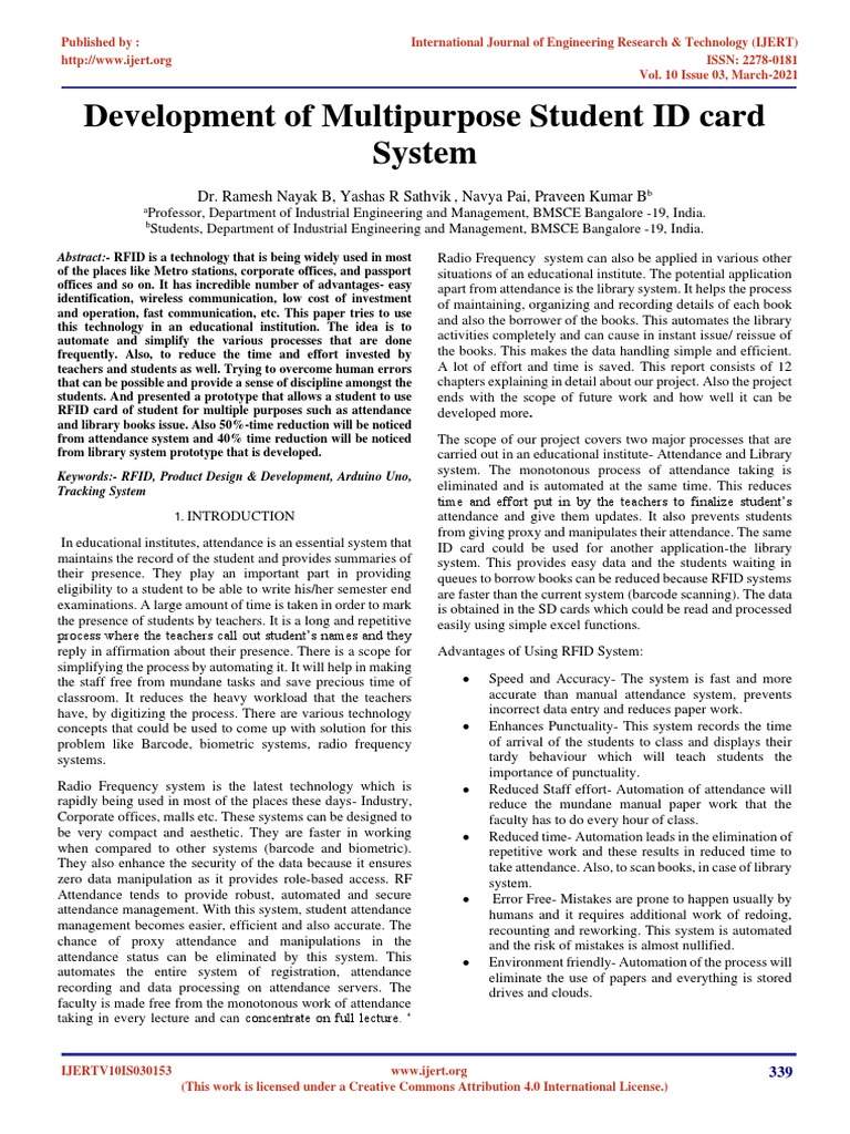 Development of Multipurpose Student Id Card System IJERTV10IS030153 | PDF | Radio Frequency ...