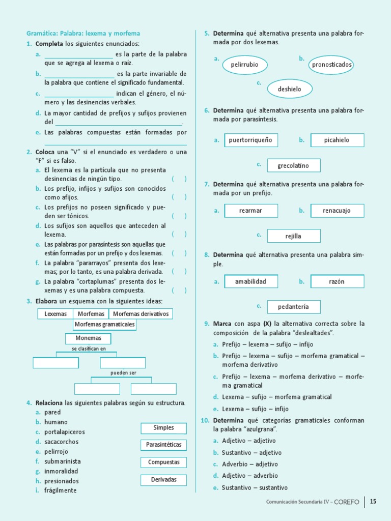 COM4S - U1 - Ficha - Palabra Lexema y Morfema | PDF | Palabra | Adverbio