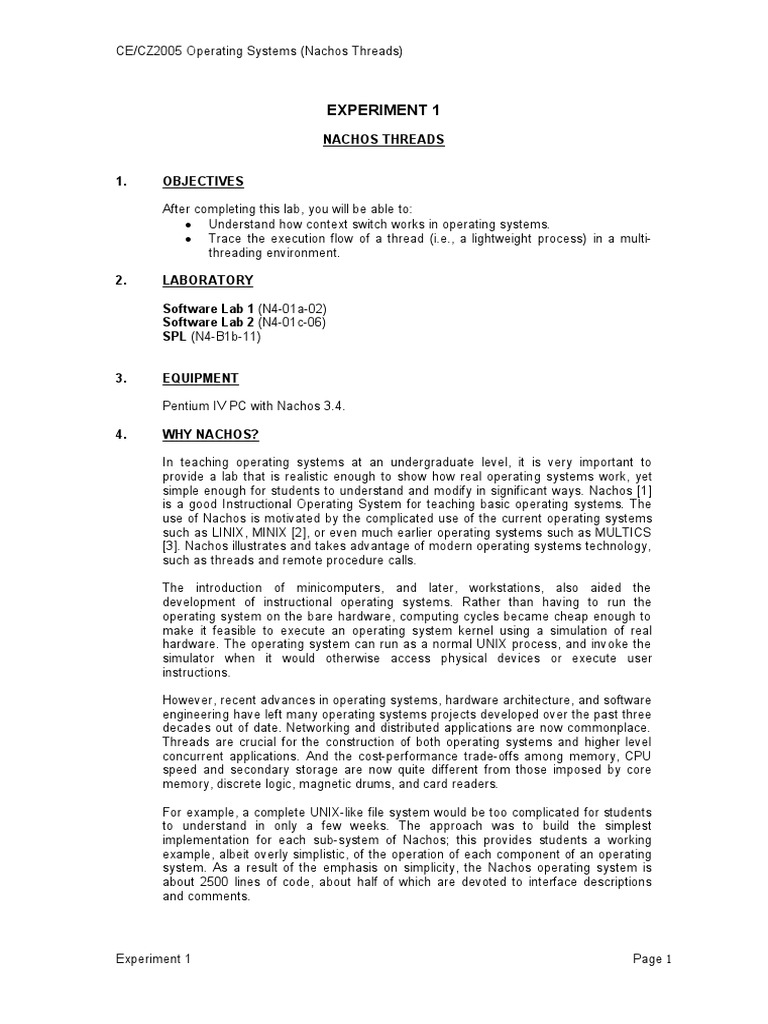 Experiment 1: Nachos Threads 1. Objectives | PDF | Operating System | Thread (Computing)