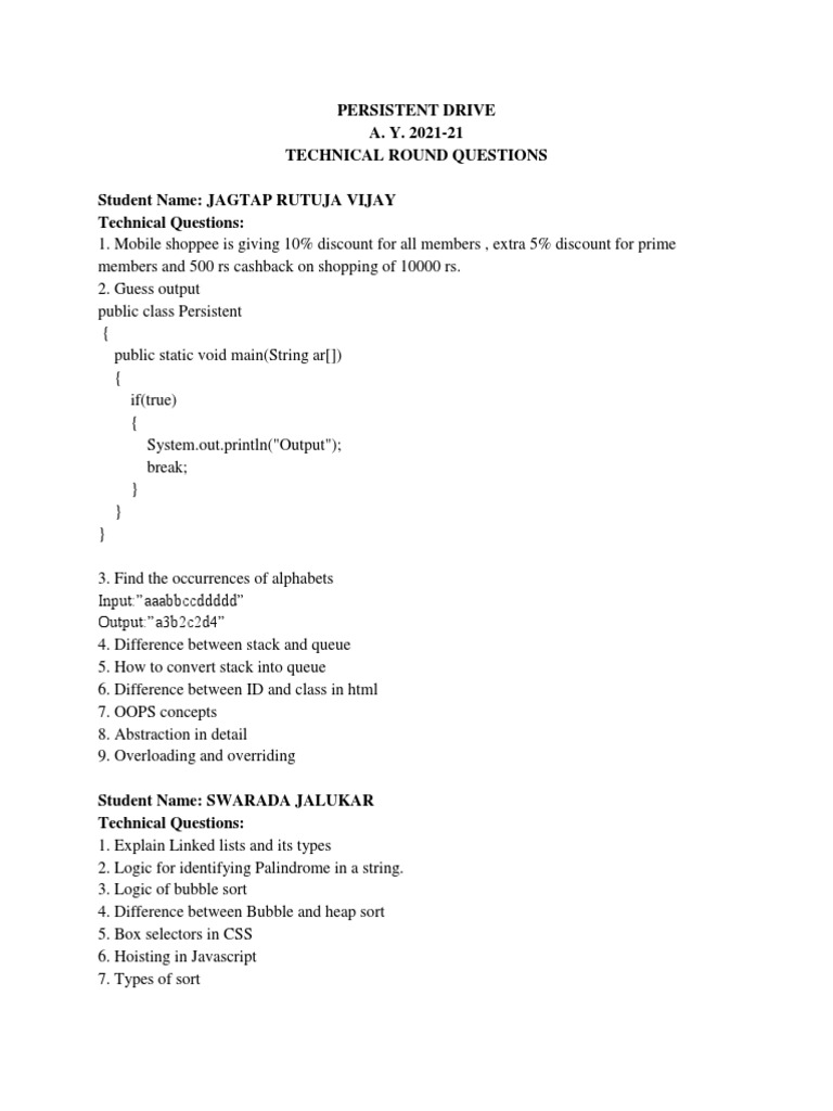 Technical Interview Questions Summary | PDF | Class (Computer ...