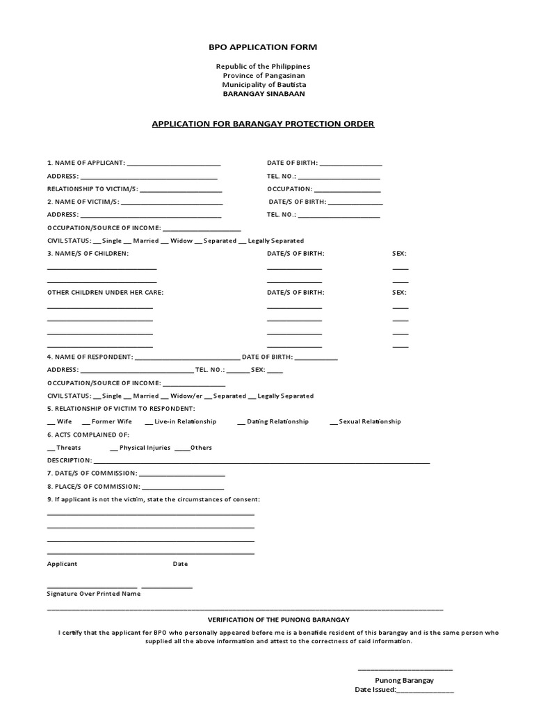 Bpo Application Form: Republic of The Philippines Province of ...