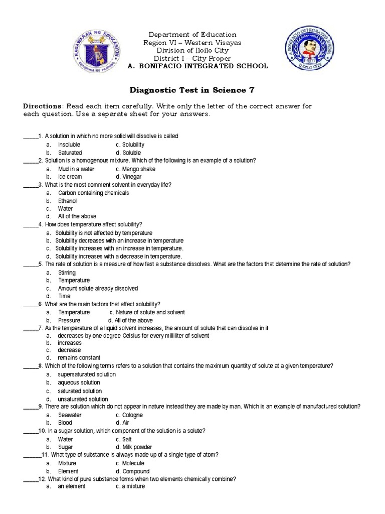 Diagnostic Test in Science 7: A. Bonifacio Integrated School | PDF ...
