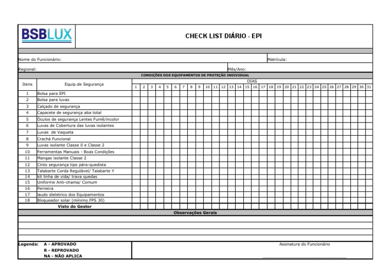 CHECK LIST DIÁRIO EPI | PDF