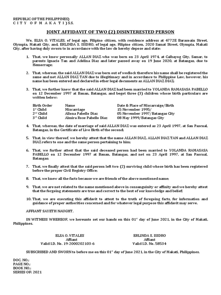 Affidavit Clarifies Details of Marriage and Children | PDF | Affidavit ...