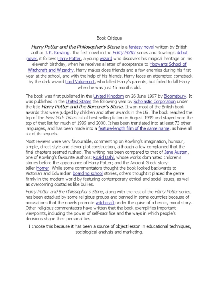 Harry Potter and The Philosopher's Stone Is A: Book Critique | PDF ...