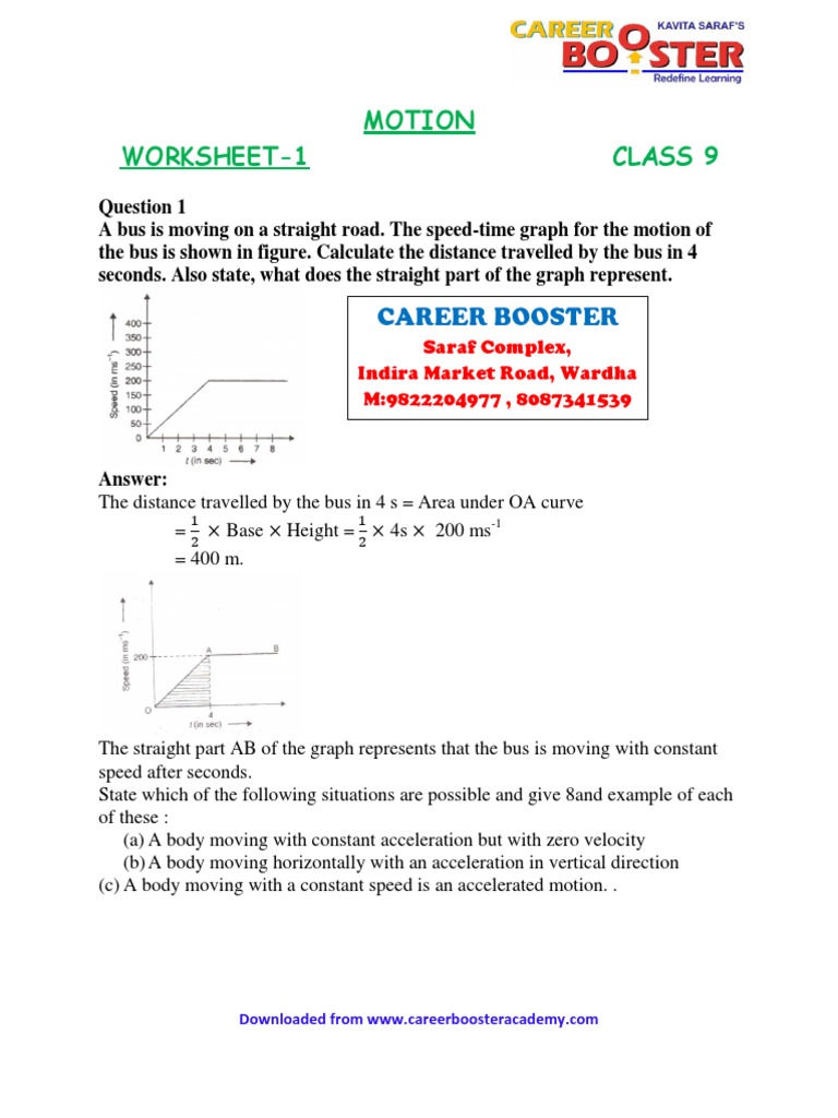 Motion Worksheet-1 Class 9: Career Booster | PDF | Acceleration | Velocity
