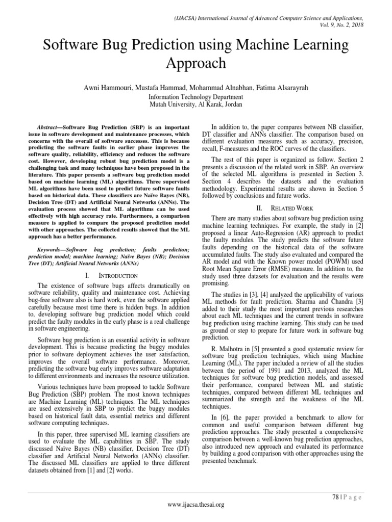 Software Bug Prediction Using Machine Learning Approach | PDF | Machine Learning | Artificial ...