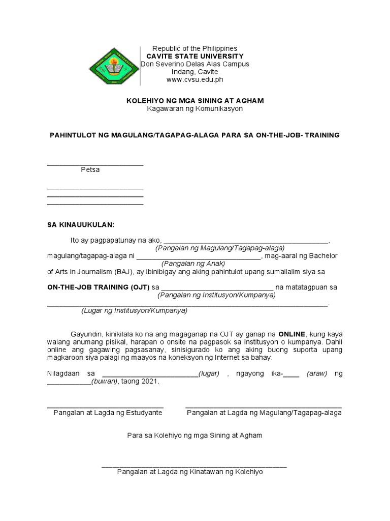 OJT Parents Consent in Filipino | PDF