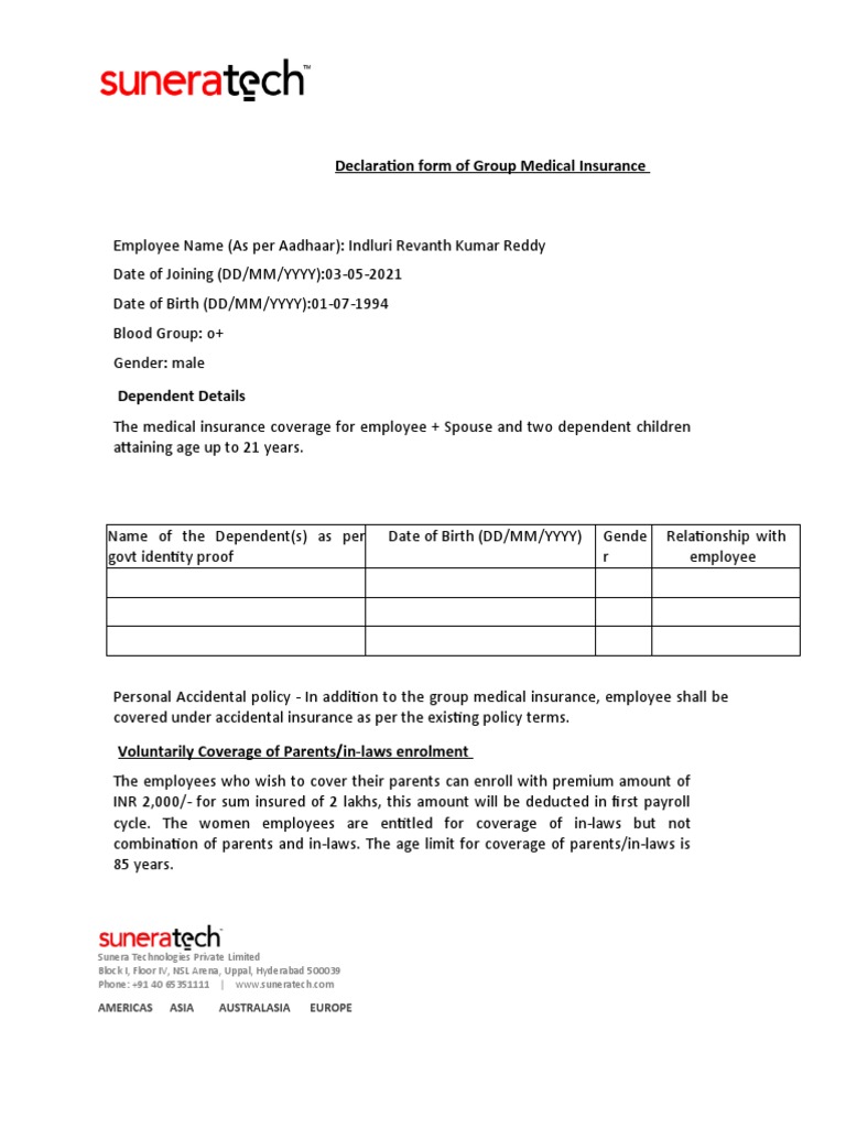 Group Medical Insurance Declaration Form | PDF | Insurance | Health Care