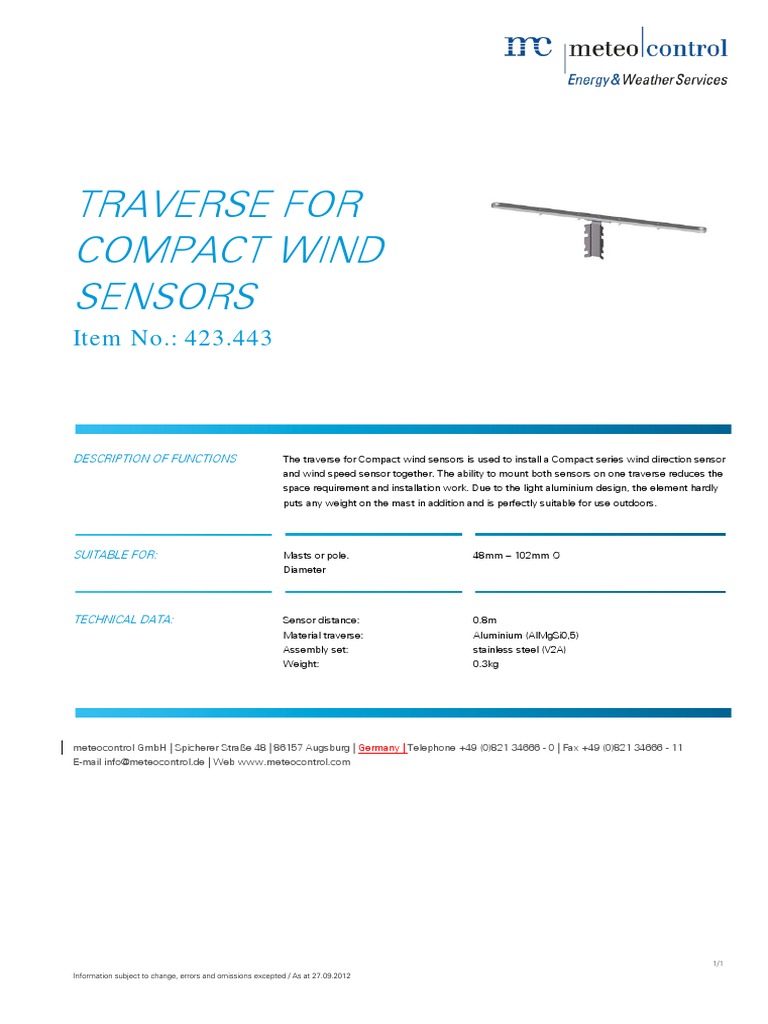 Traverse For Compact Wind Sensors: Item No.: 423.443 | PDF