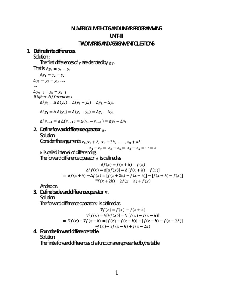 Numerical Methods and Linear Programming Unit-Iii Two Marks and Assignment Questions | PDF ...