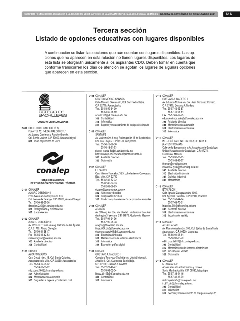 Tercera Sección: Listado de Opciones Educativas Con Lugares Disponibles | PDF | México