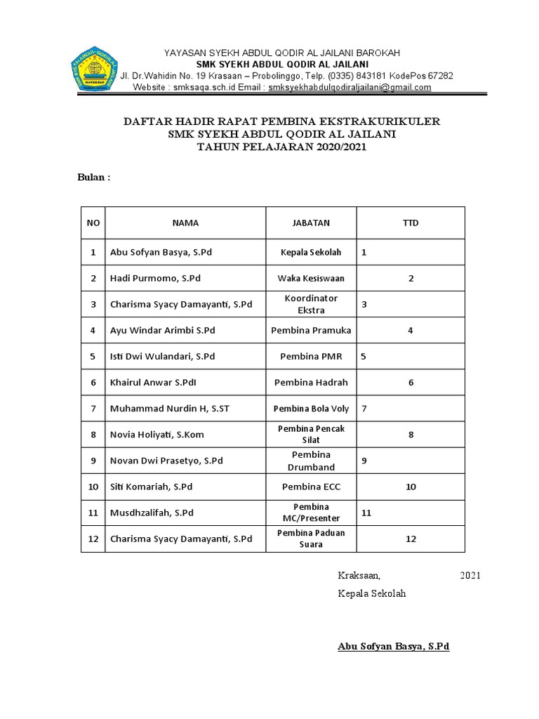 Daftar Hadir Rapat Pembina Ekstra | PDF Daftar Hadir Rapat Pembina Ekstra | PDF