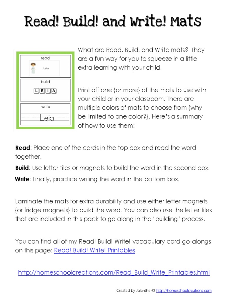 Read! Build! and Write! Mats | PDF | Language Arts & Discipline | Wellness