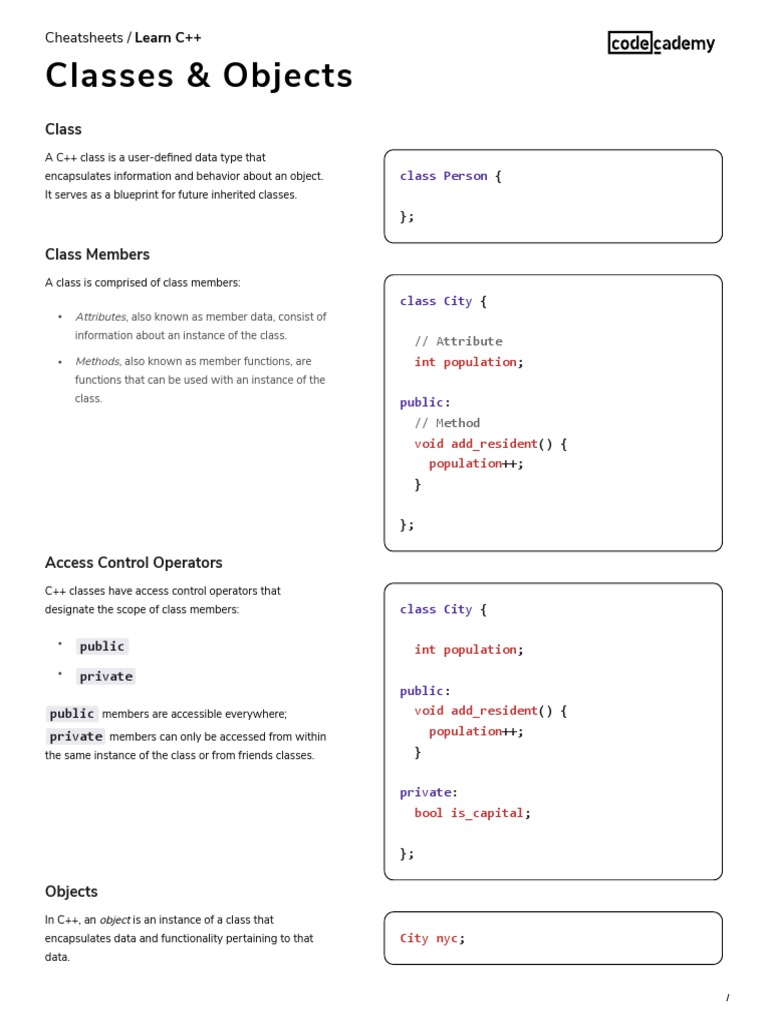 Learn C++ - Classes - Objects Cheatsheet - Codecademy | PDF | Class ... Learn C++ - Classes - Objects Cheatsheet - Codecademy | PDF | Class ...