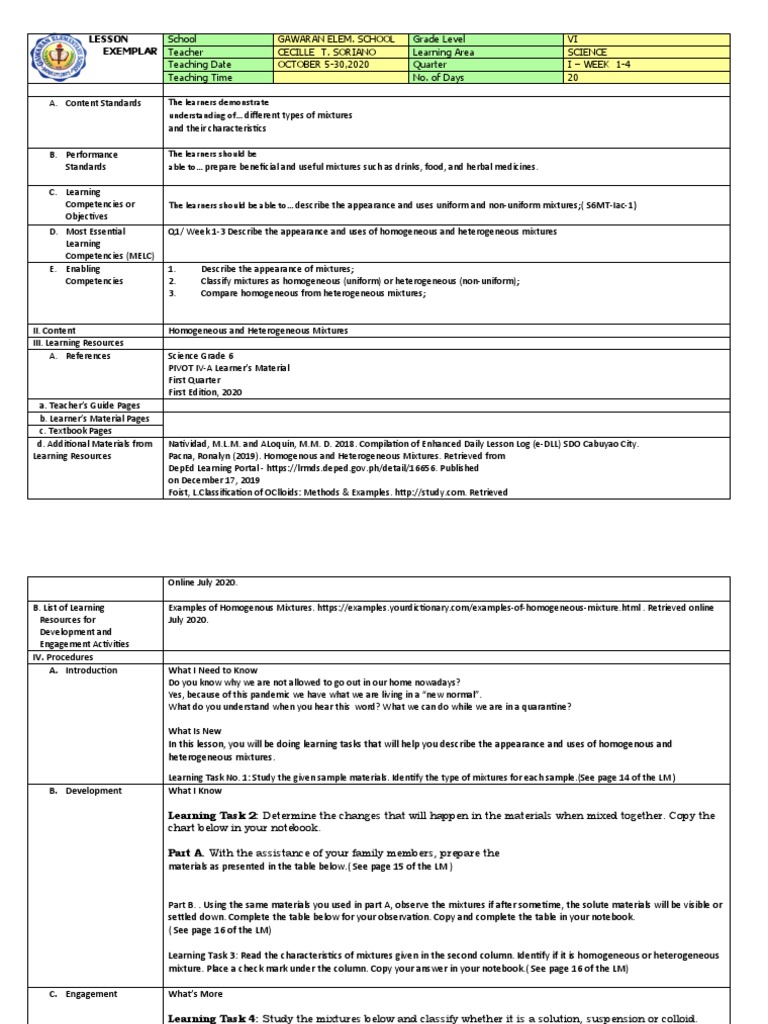 Lesson Exemplar in Science 6 For Week 1-4 Quarter 1 | PDF | Mixture ...
