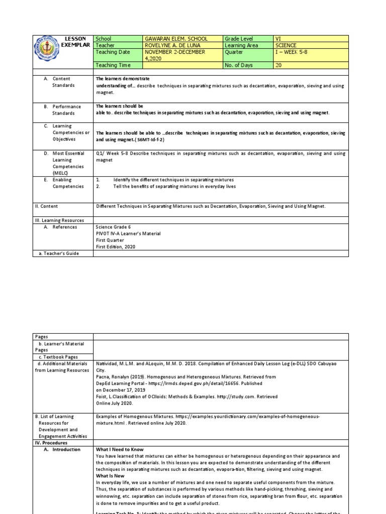 Lesson Exemplar in Science 6 For Week 5-8 Quarter 1 | PDF | Mixture ...