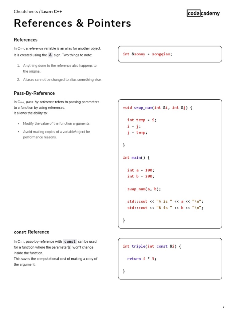 Learn C++ - References - Pointers Cheatsheet - Codecademy | PDF | Pointer (Computer Programming ...