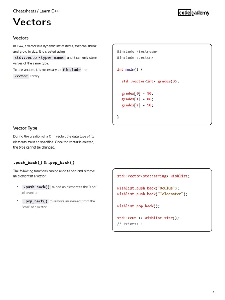 Learn C++ - Vectors Cheatsheet - Codecademy | PDF | Array Data ...