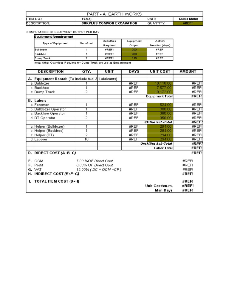 Part - A Earth Works: 102 (2) Cubic Meter Surplus Common Excavation # ...