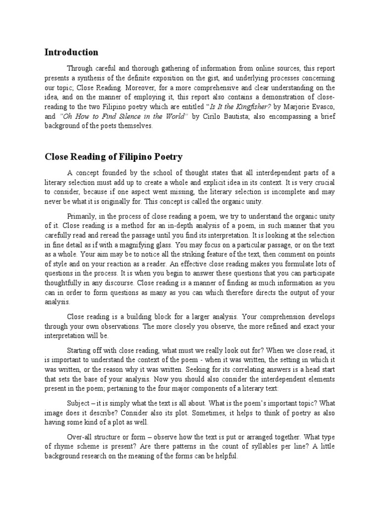 Close Reading of Filipino Poetry Written Report | PDF | Poetry