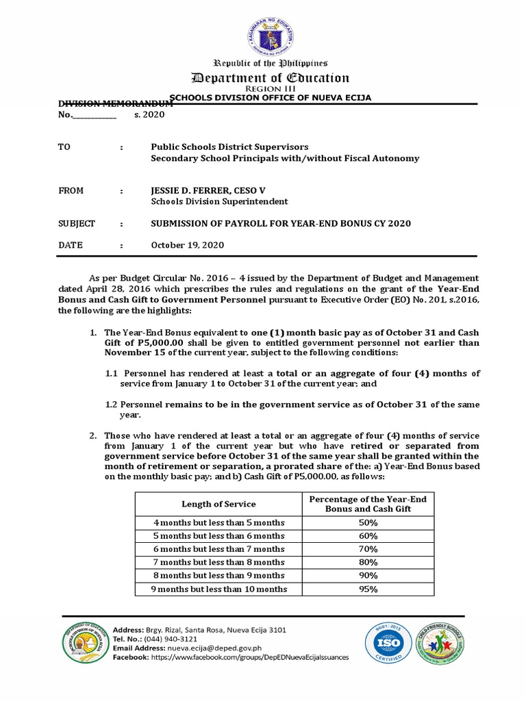 Memo Year End Bonus 2020 | PDF | Government | Justice