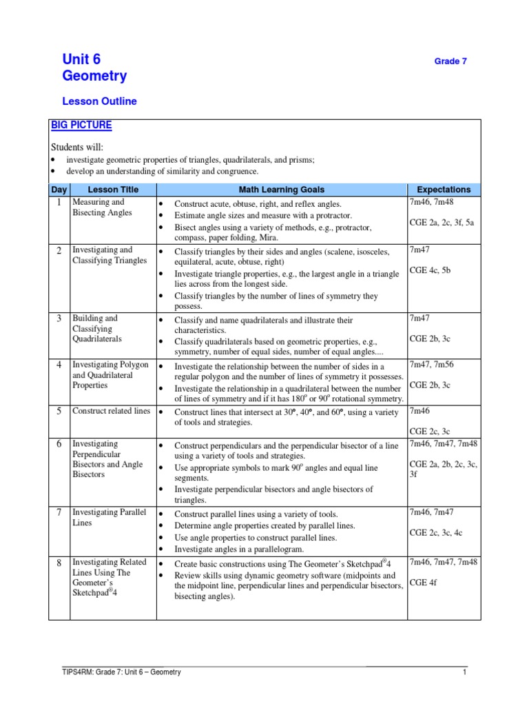 Unit 6 Geometry: Lesson Outline | Download Free PDF | Triangle ...