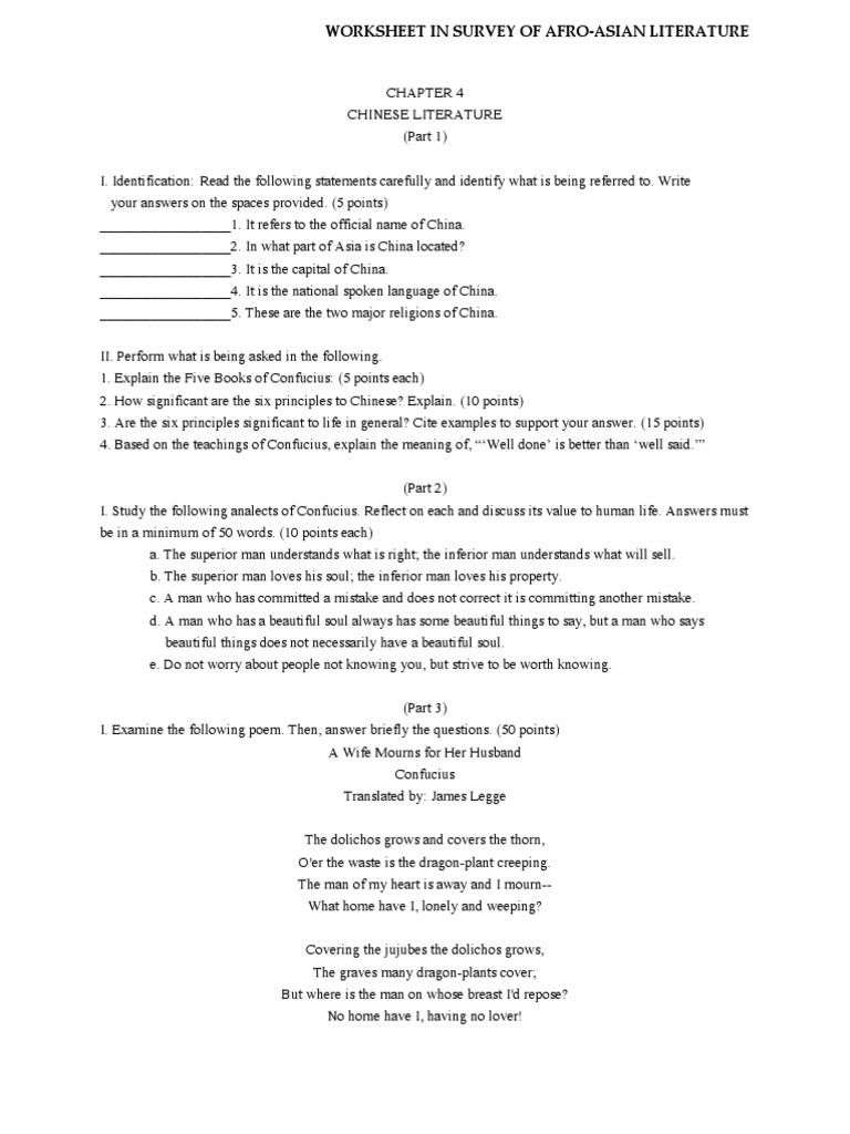 Afro-Asian Literature 2nd Set Worksheet | PDF | Confucianism | Mahatma ...