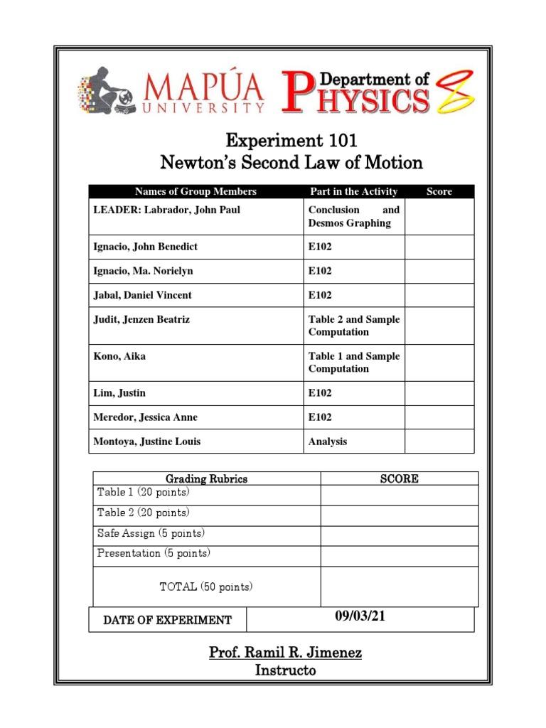 Newton's Second Law Experiment Analysis | PDF | Acceleration | Mass