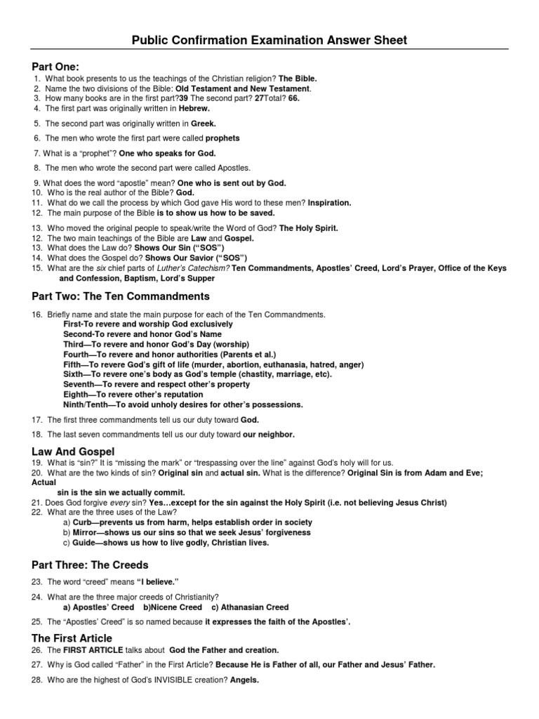 Conf Exam Answers | PDF | Eucharist | Baptism