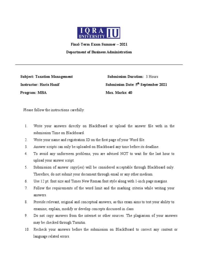 Taxation Management Final Exam | PDF | Taxes | Expense