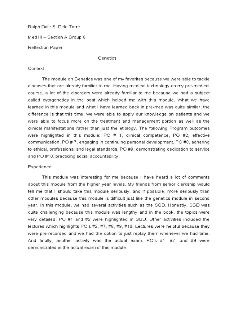 Genetics Reflection | PDF | Medicine | Health Sciences