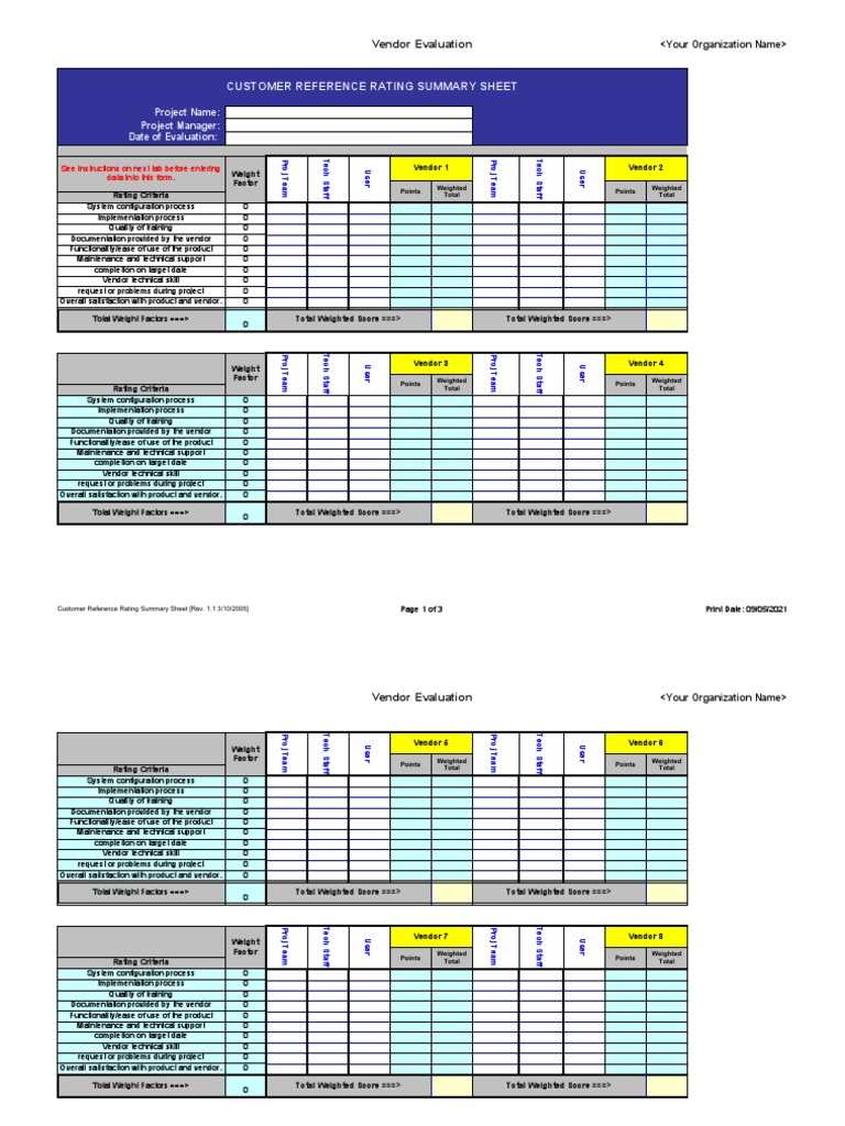 Customer Reference Rating Summary Sheet: Vendor Evaluation | Download ...