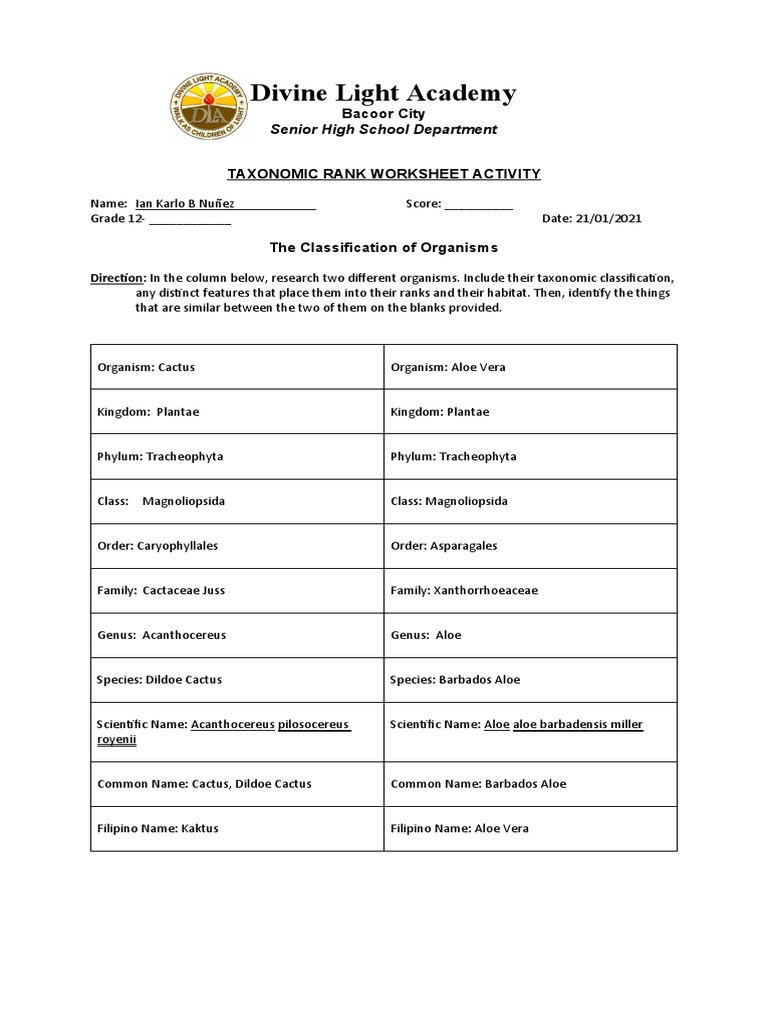 Taxonomy Worksheet | PDF | Plants | Organisms