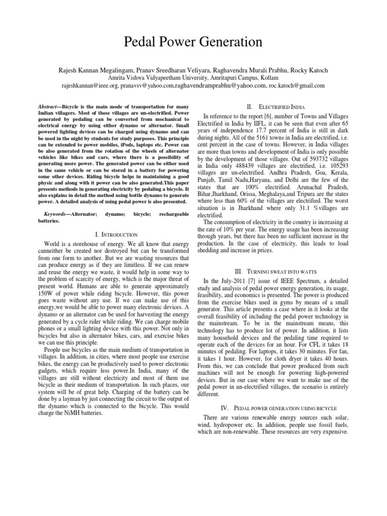 Pedal Power Generation 0 | PDF | Electric Generator | Rechargeable Battery